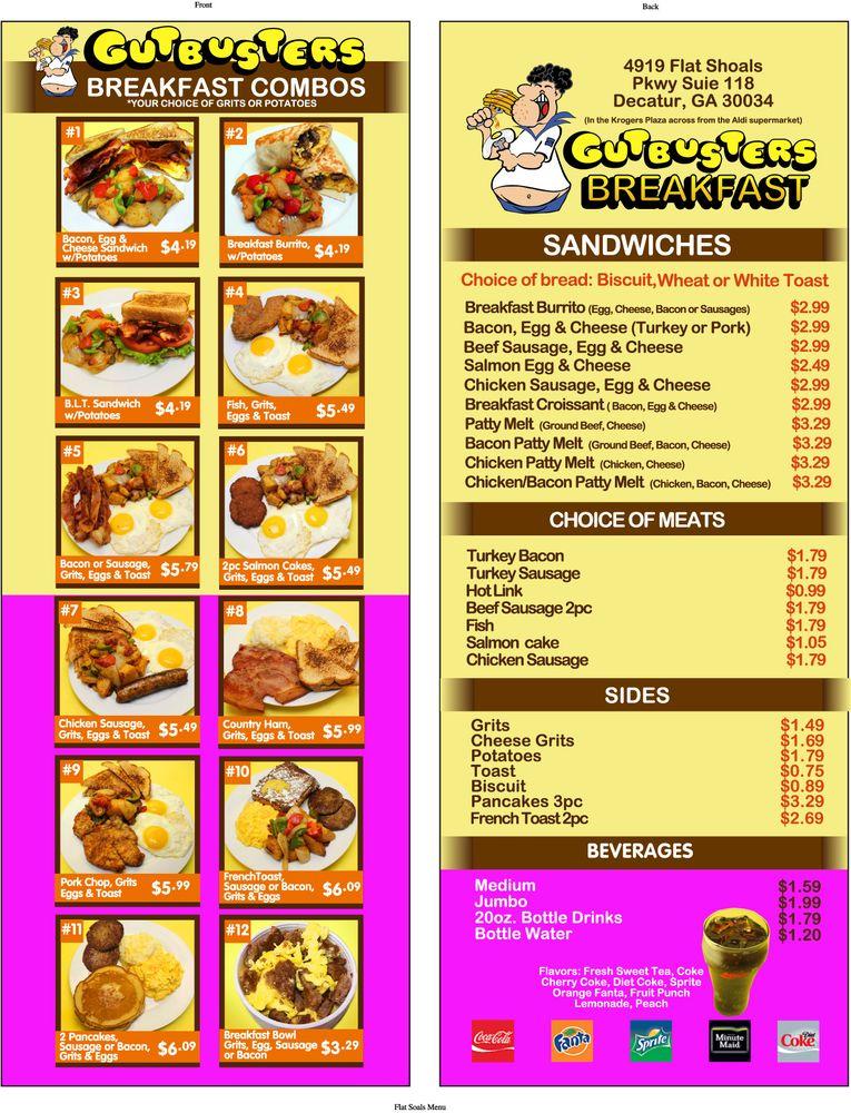 Menu at Gutbusters Breakfast restaurant, Candler-McAfee, Flat Shoals ...