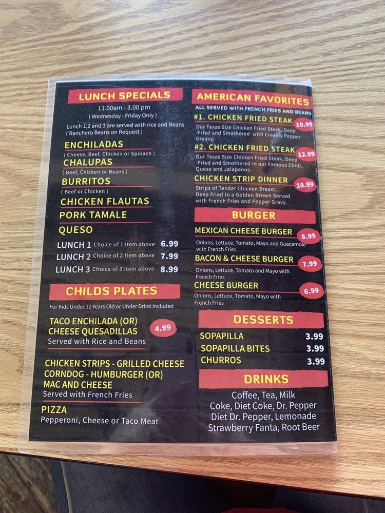 Menu at Kent's Tex-Mex restaurant, Denison
