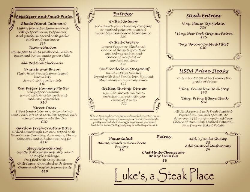 Menu at Luke's, A Steak Place pub & bar, Wheat Ridge