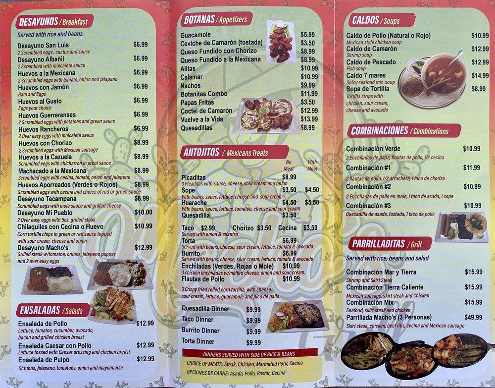 Menu at Macho's Grill restaurant, Forest Park