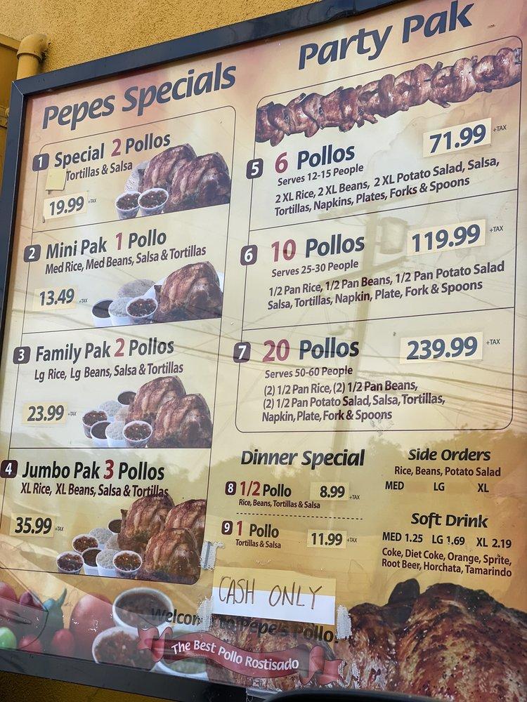 Menu at Pepe's Pollo restaurant, Lynwood