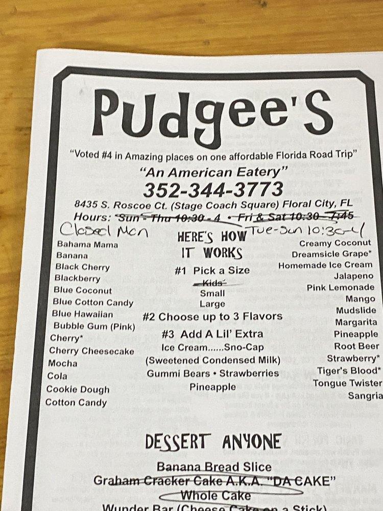 Menu at Pudgee's Eatery and Market restaurant, Floral City