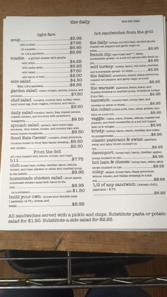 Menu at The Daily cafe, Warsaw