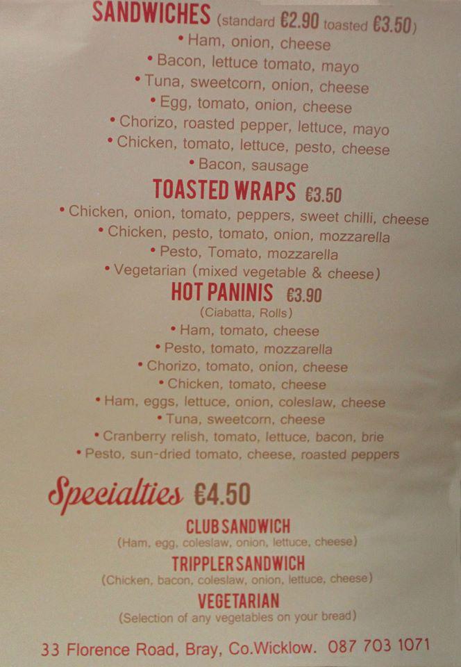Menu at The Little Cafe Shop, Bray