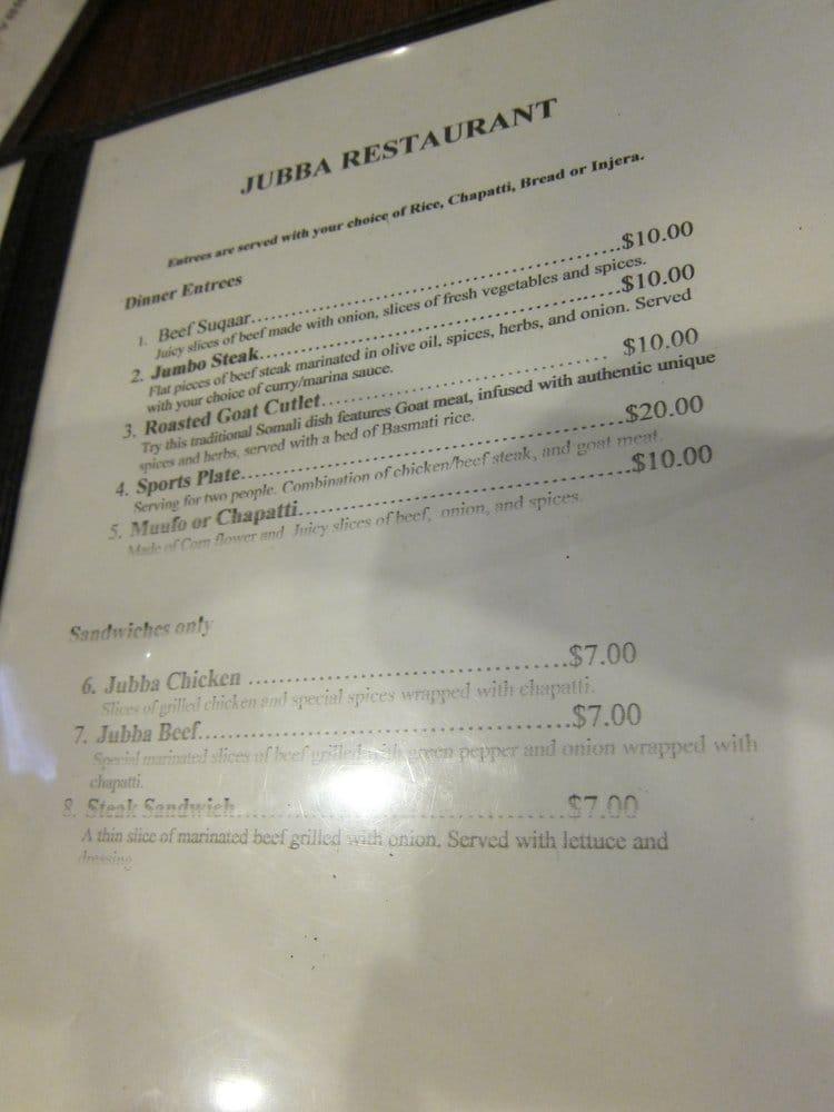 Menu at Jubba Somali Restaurant, San Jose