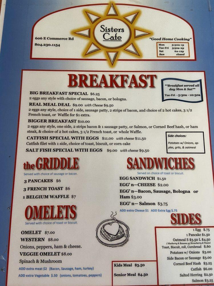 Menu at Sisters Cafe, Richmond