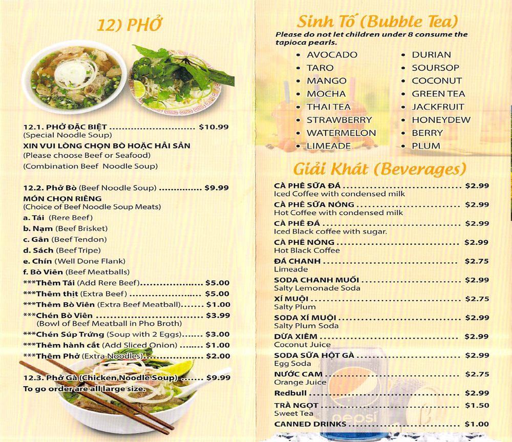 Menu at Viet Huong Restaurant, Richmond