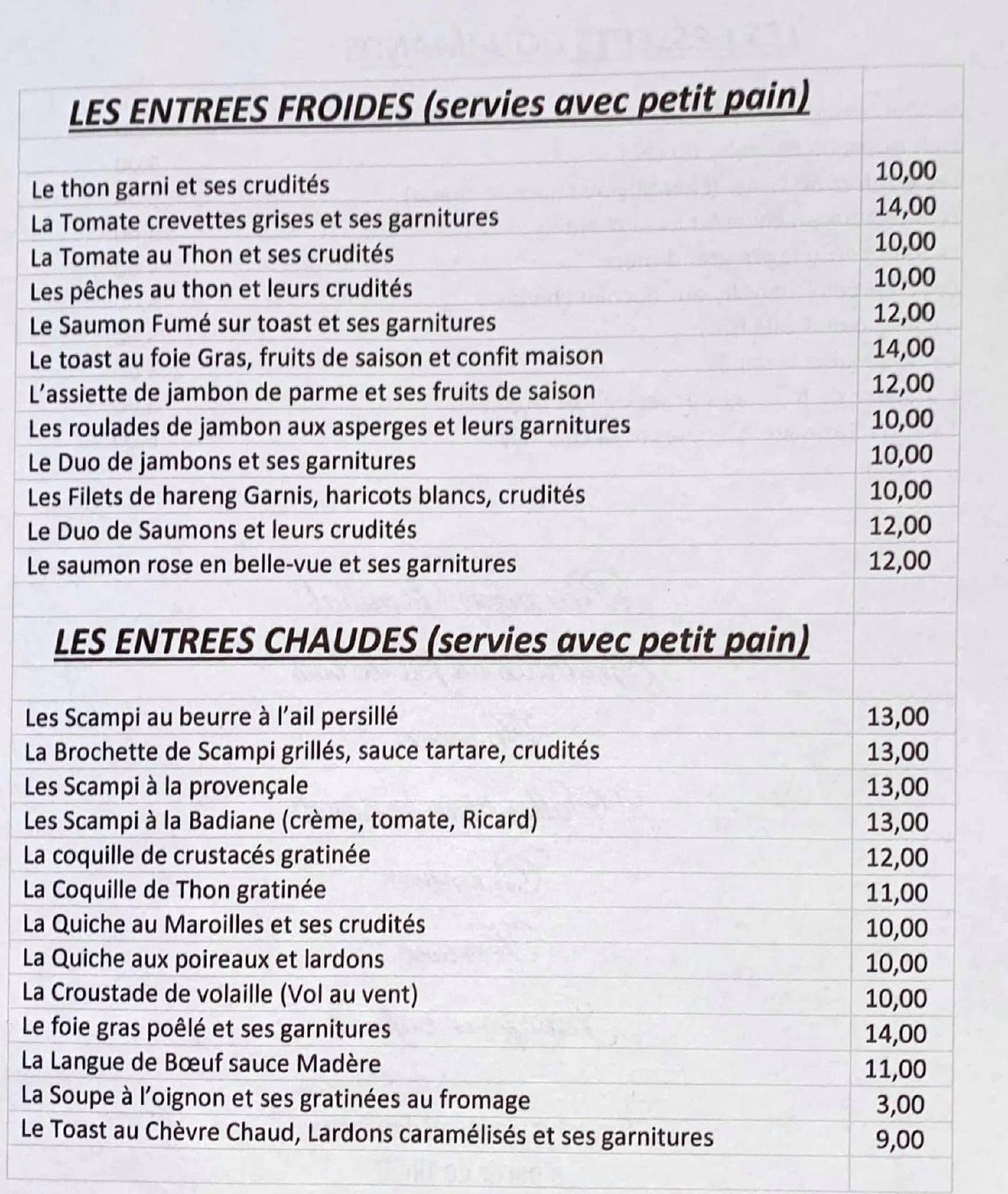 Menu au Auberge Des Aulnes, Dour