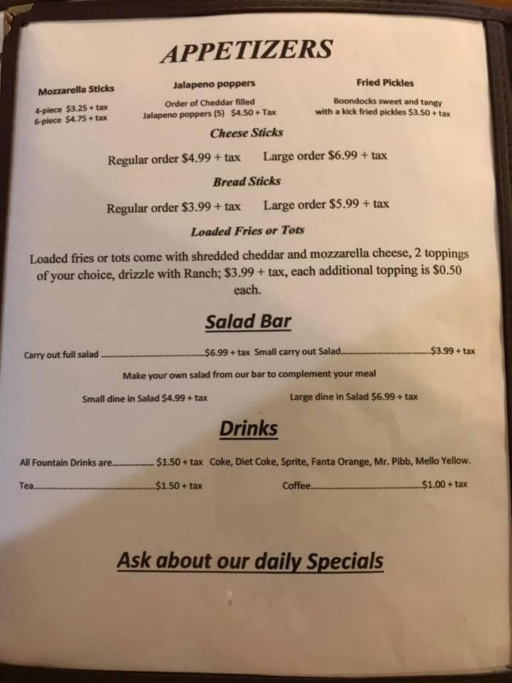 Menu at Boondocks Pizza And Grill Elkton KY pizzeria, Elkton