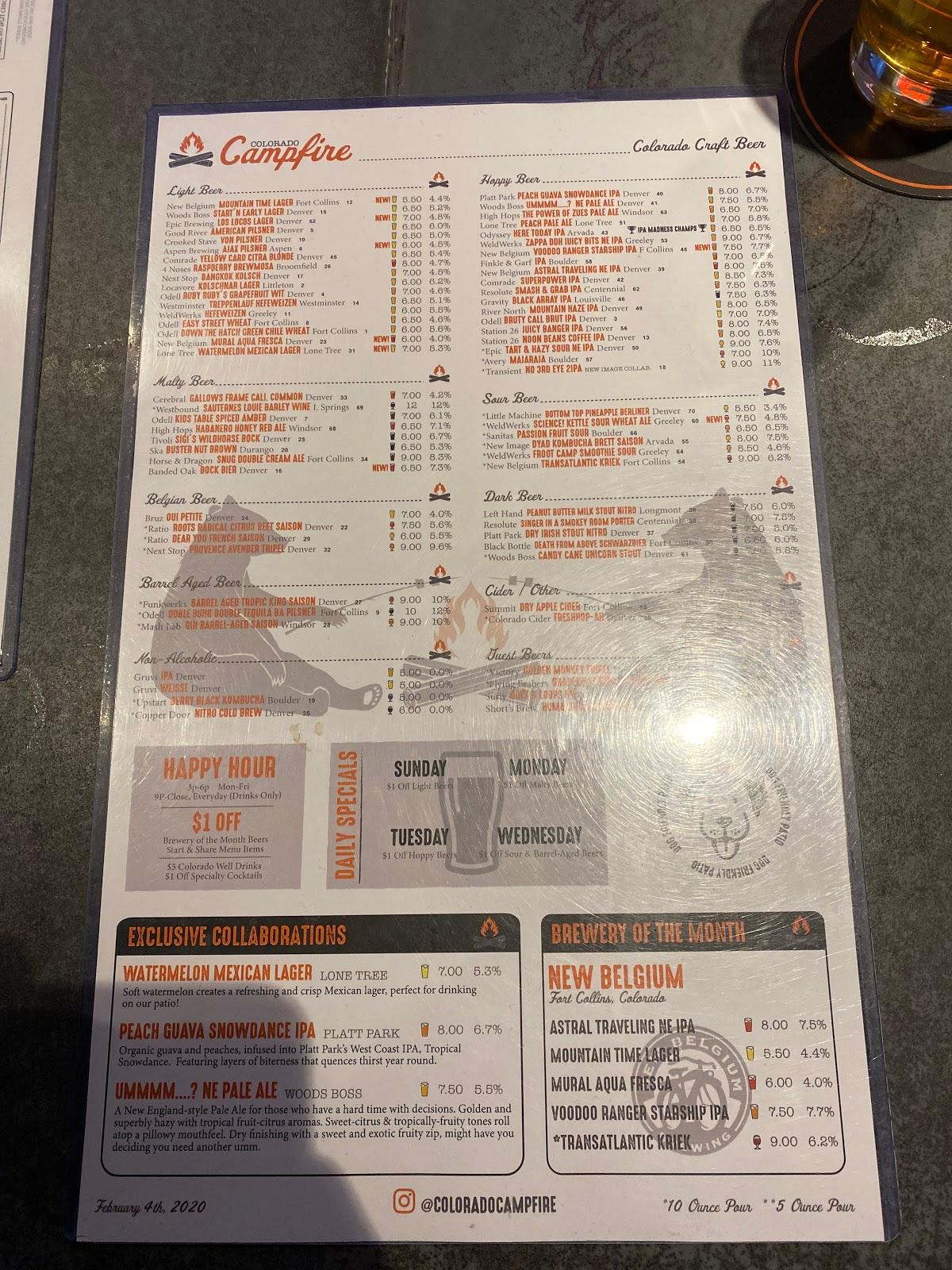 Menu at Colorado Campfire pub & bar, Denver
