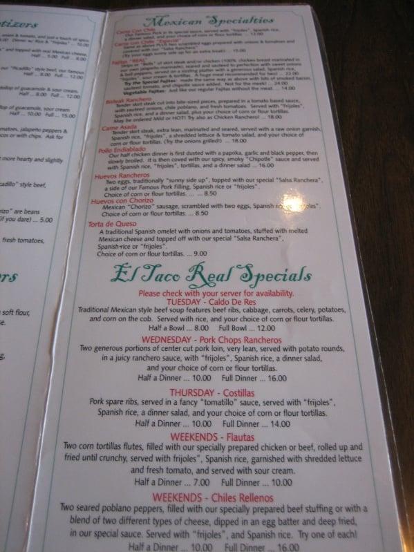 Menu at El Taco Real restaurant, Hammond, 935 Hoffman St