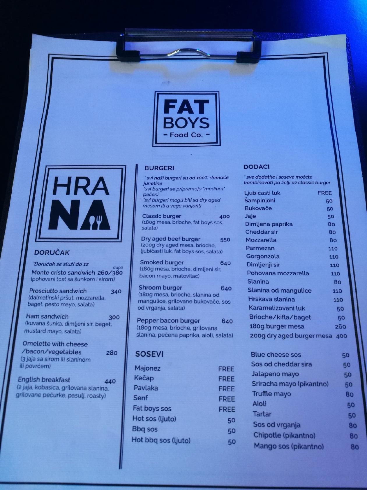 Menu at Fat Boys Food co. pub & bar, Belgrade