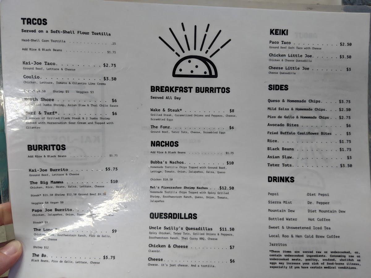 Menu at Kai-Joe's restaurant, Oak Island