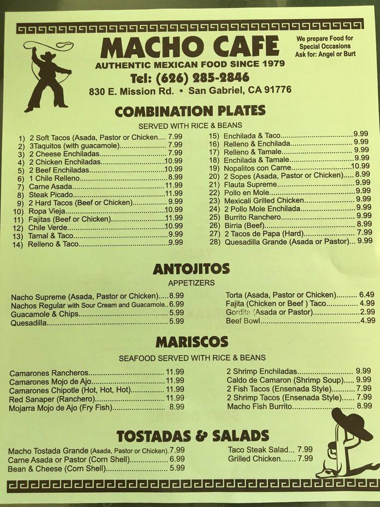 Menu at Macho Cafe Mexican Food, San Gabriel