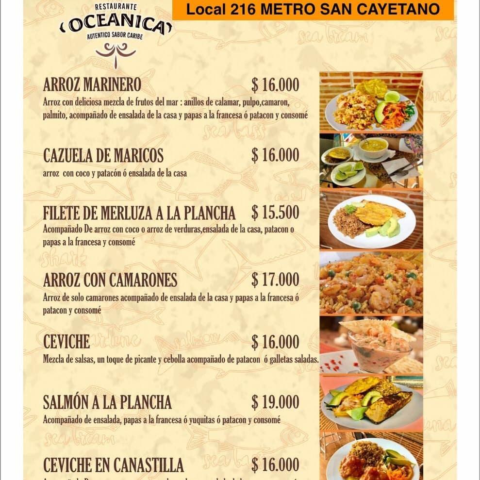 Menu at Oceanica restaurant, Bogotá