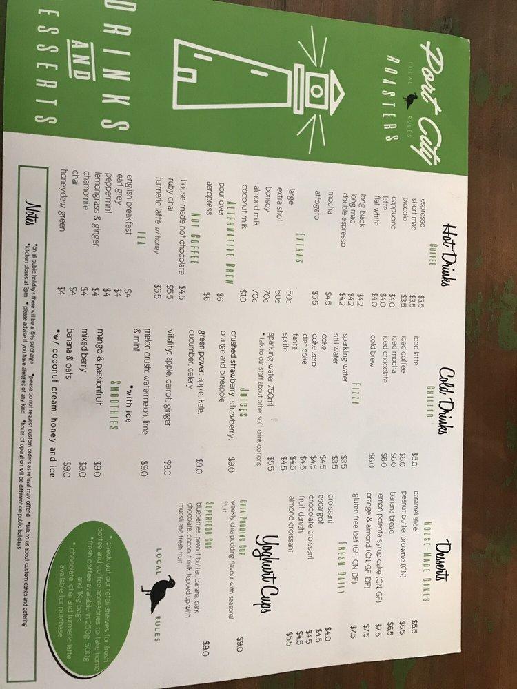 Menu at Port City Roasters cafe, South Fremantle
