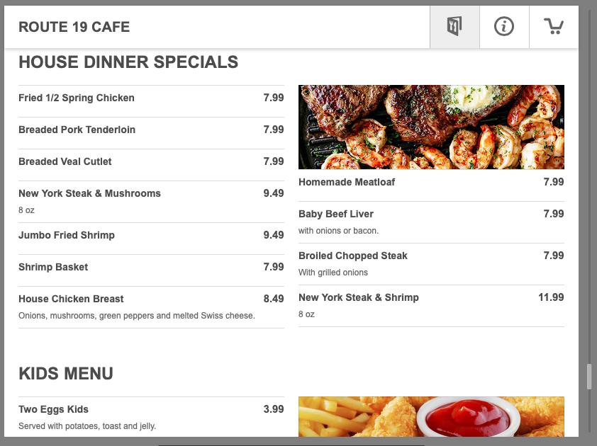 Menu at Route 19 Cafe, Waterloo