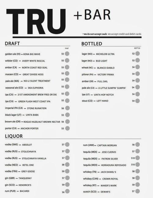 Menu at TRU pub & bar, Chapel Hill