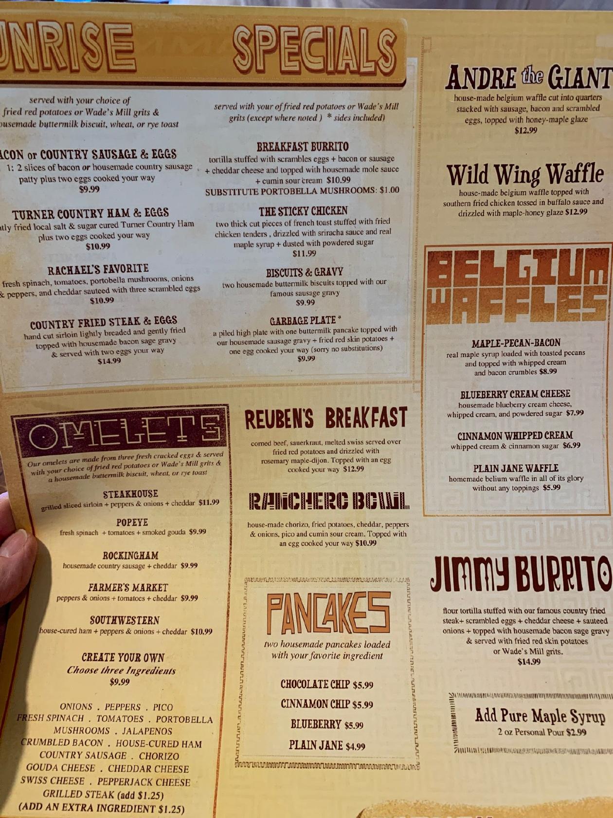 Menu at Thunderbird Cafe, McGaheysville