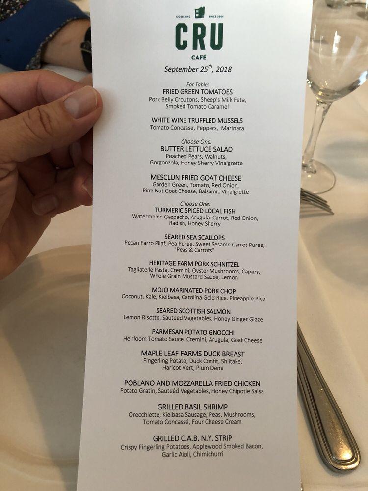 Menu at Cru Cafe, Charleston