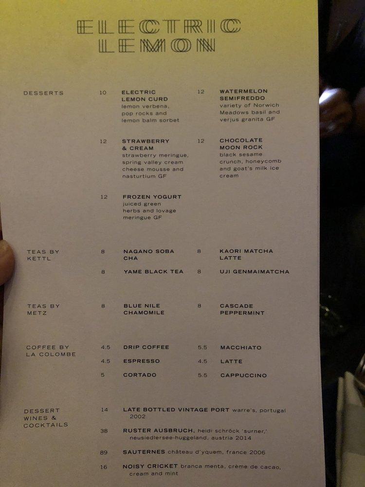 Carta del postres Electric Lemon, West New York