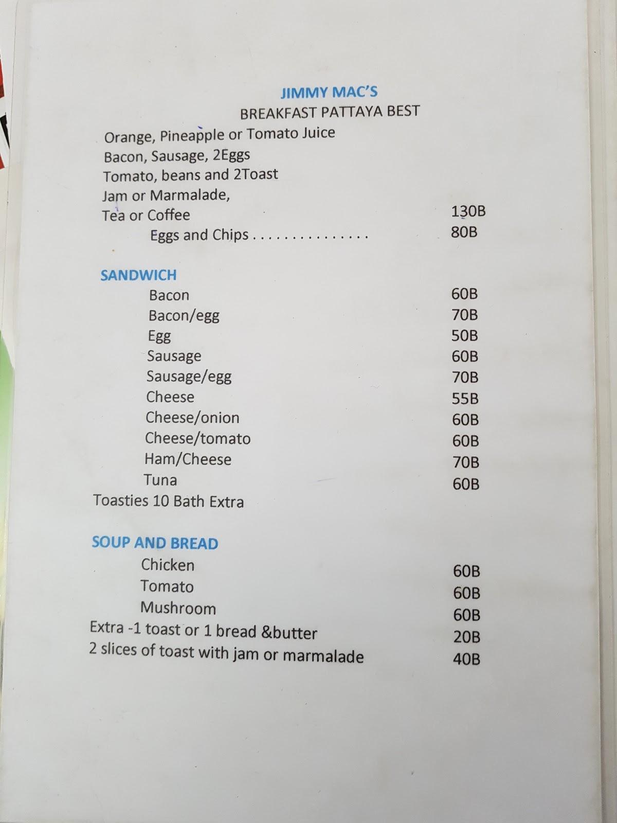 Menu at Jimmy Mac's Cafe, Pattaya City