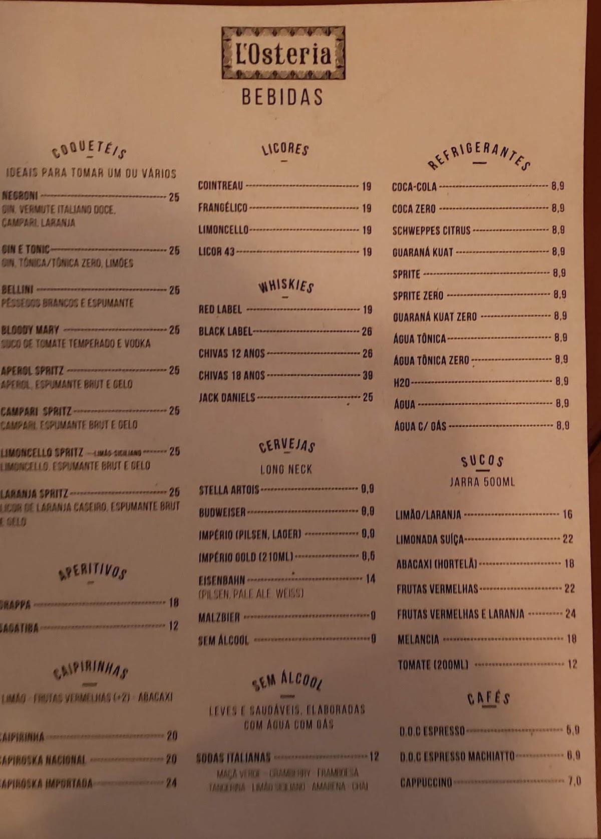 Menu em L'Osteria restaurante, Sao Jose do Rio Preto