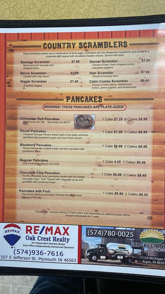Menu at Log House Restaurant, Argos, 101 N Michigan St
