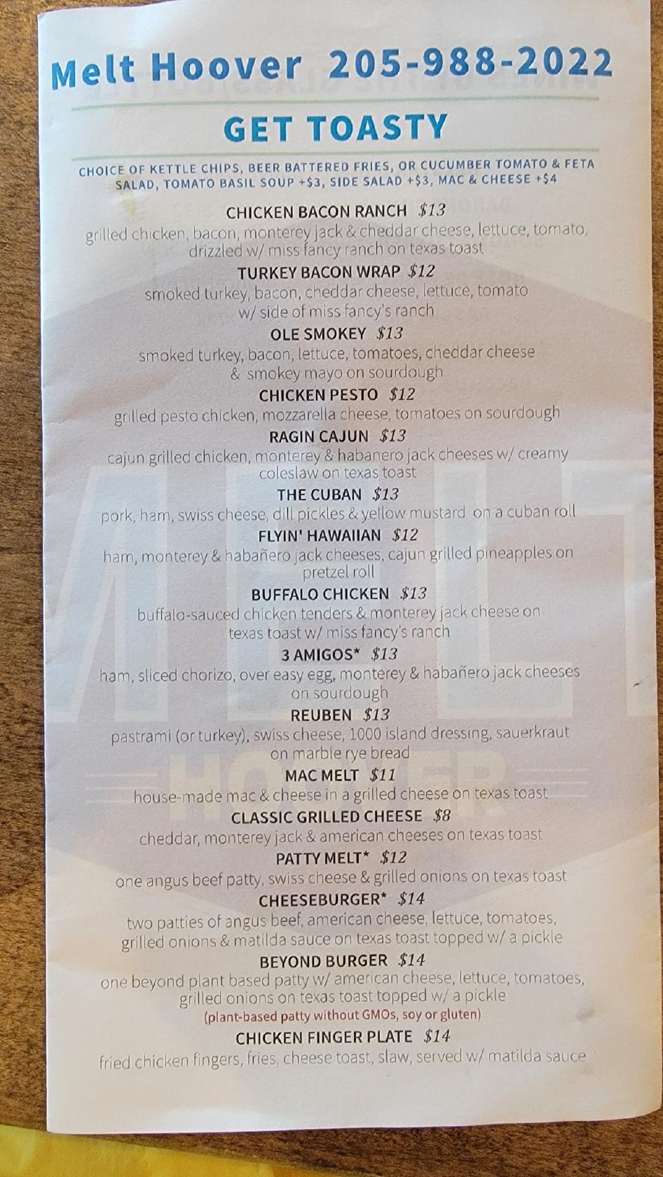 Menu at MELT pub & bar, Hoover