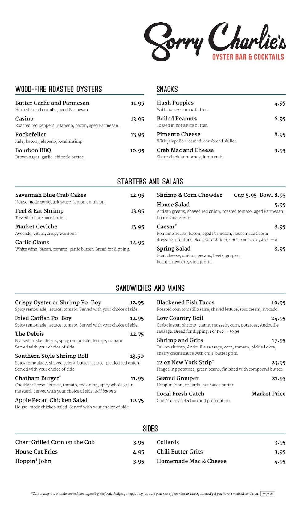 Menu at Sorry Charlie's Oyster Bar, Savannah