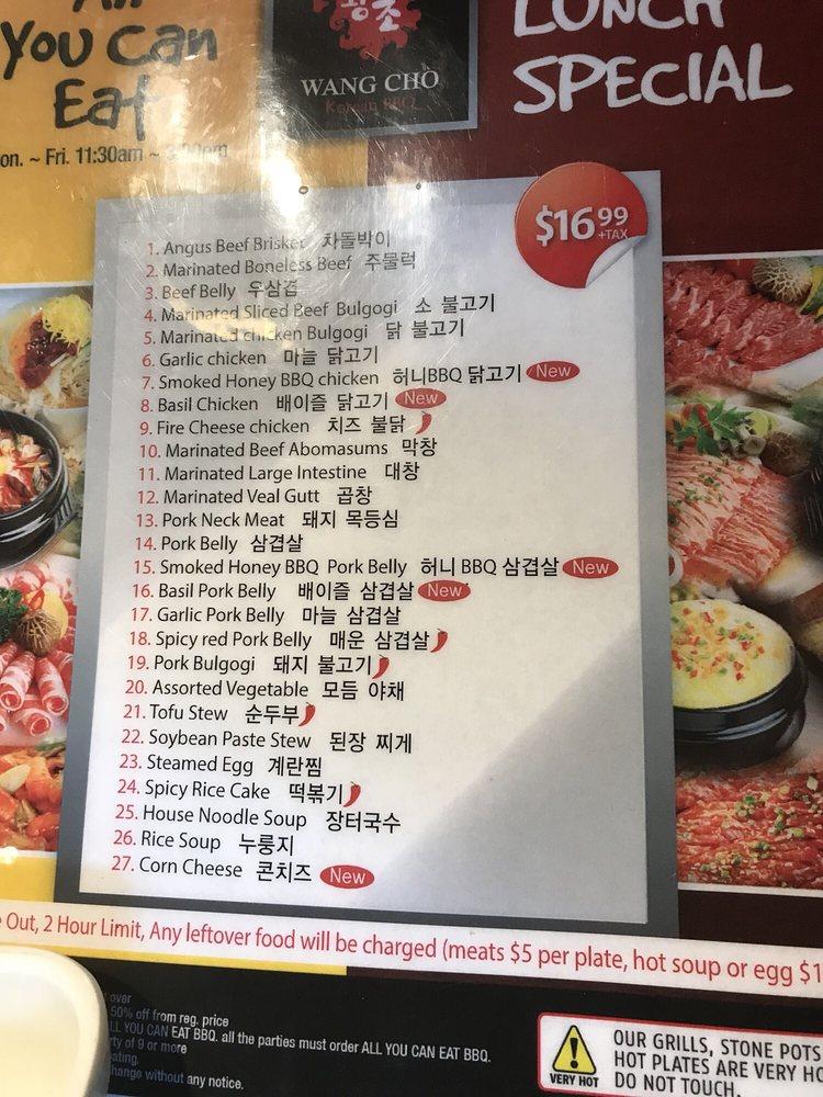 Menu at Wang Cho Korean BBQ, Riverside