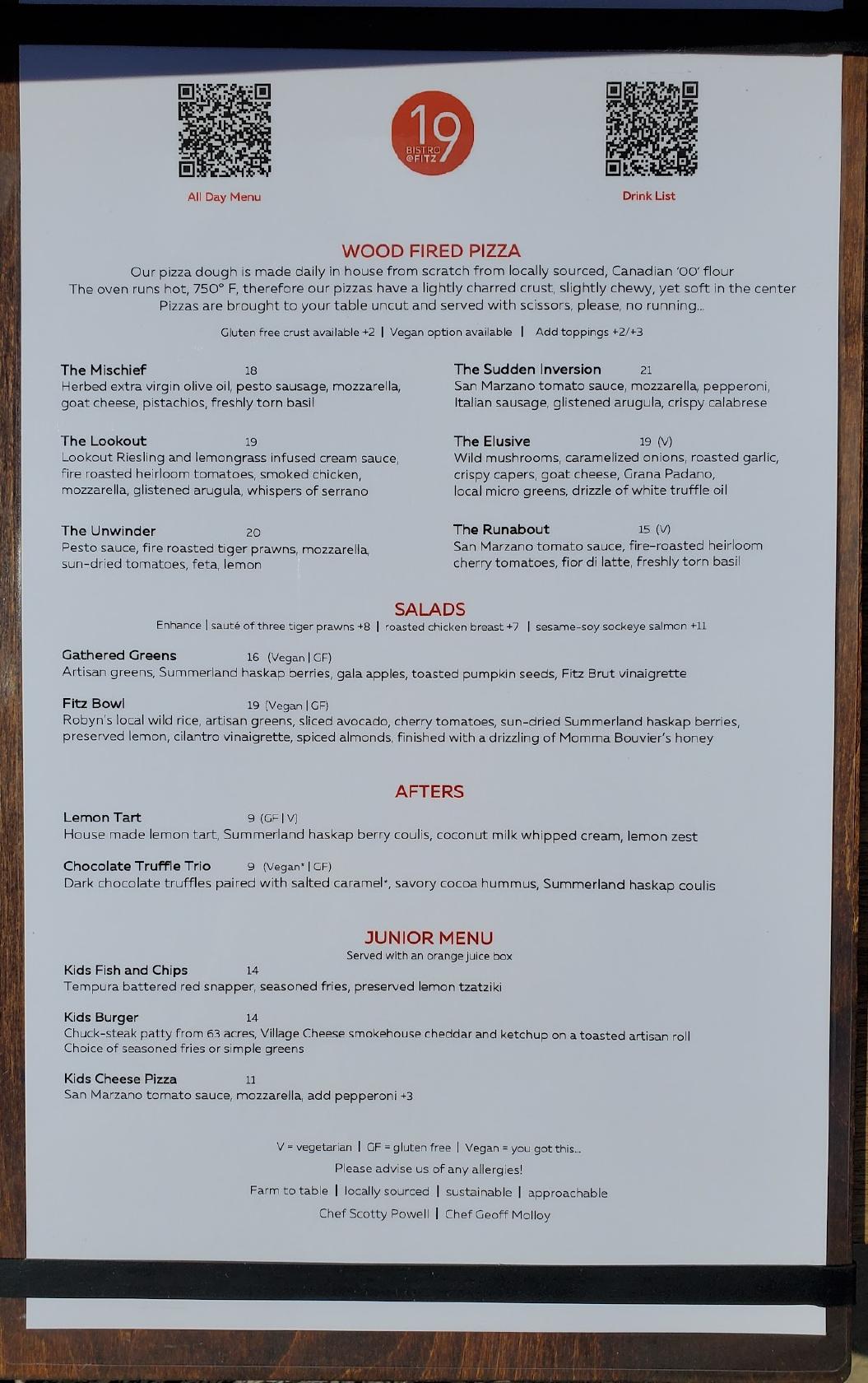 Menu au 19 Bistro @ Fitz restaurant, Peachland