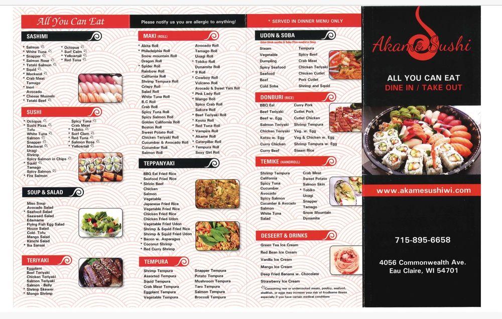 Menu at AKame Sushi restaurant, Eau Claire