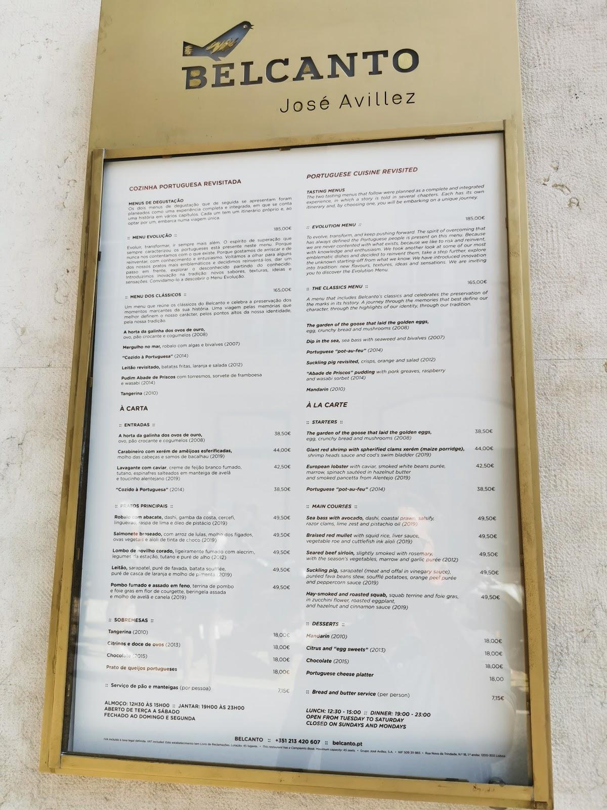 Menu em Belcanto restaurante, Lisboa, Largo de São Carlos