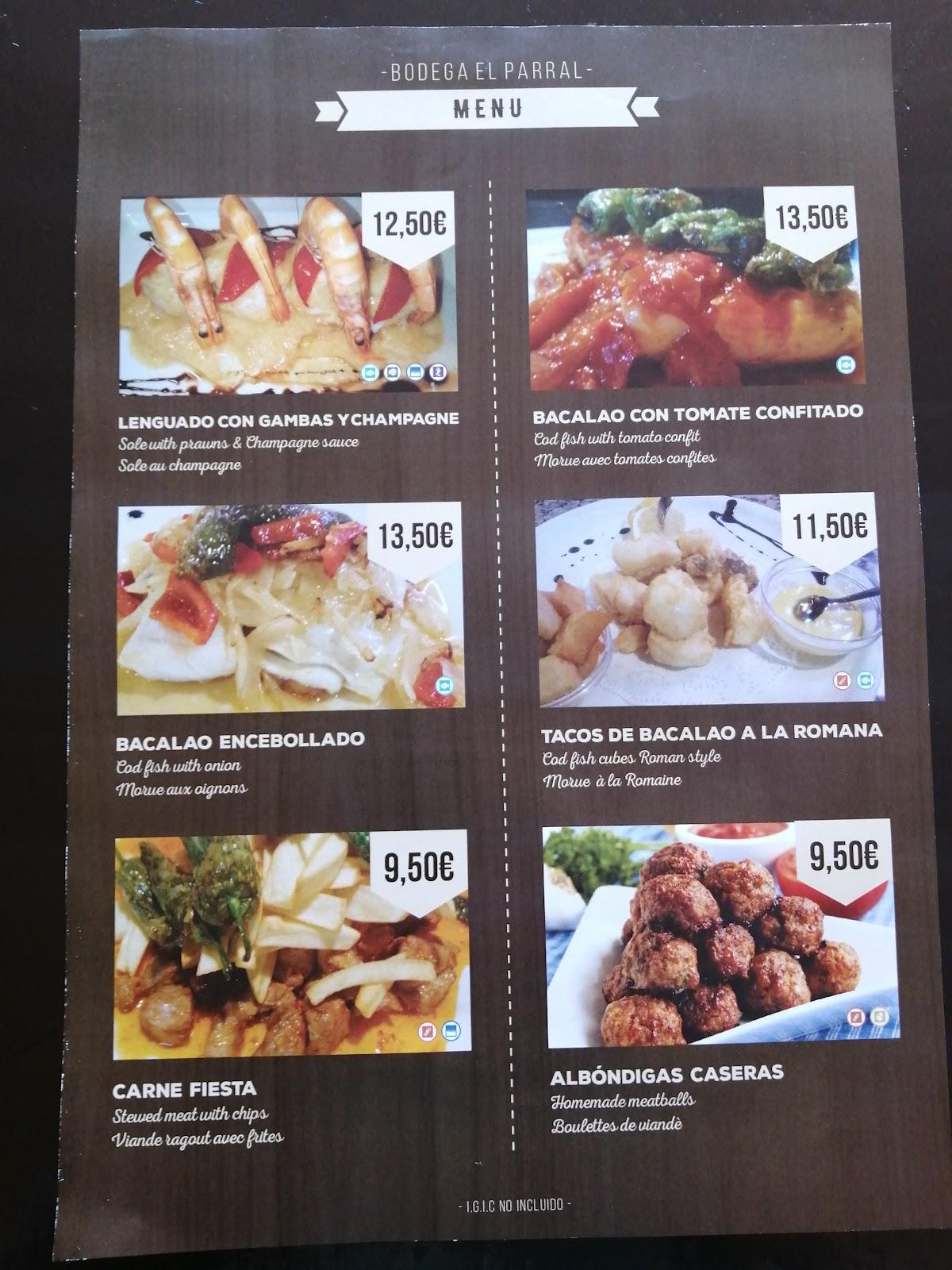 Menu at Bodega el Parral restaurant, Los Cristianos