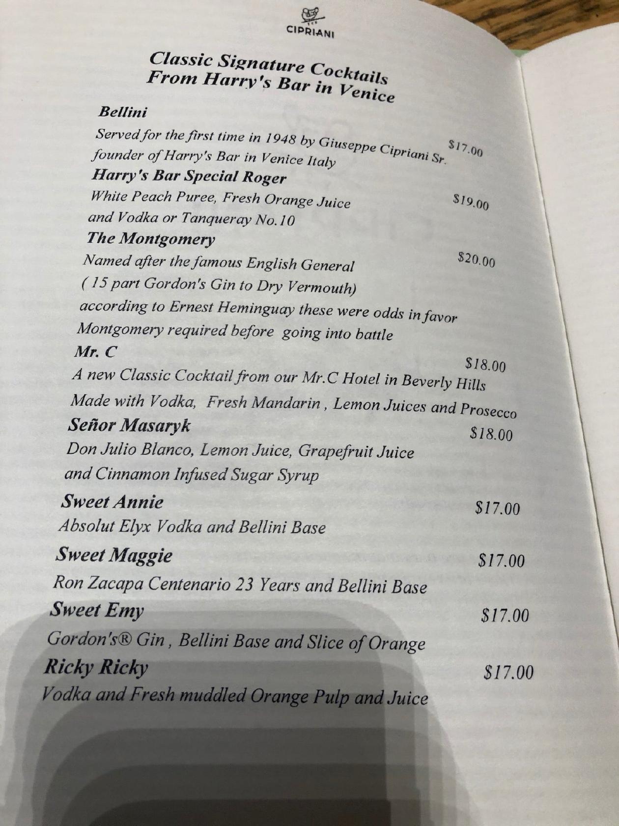 Menu at Cipriani Dolci restaurant, West New York