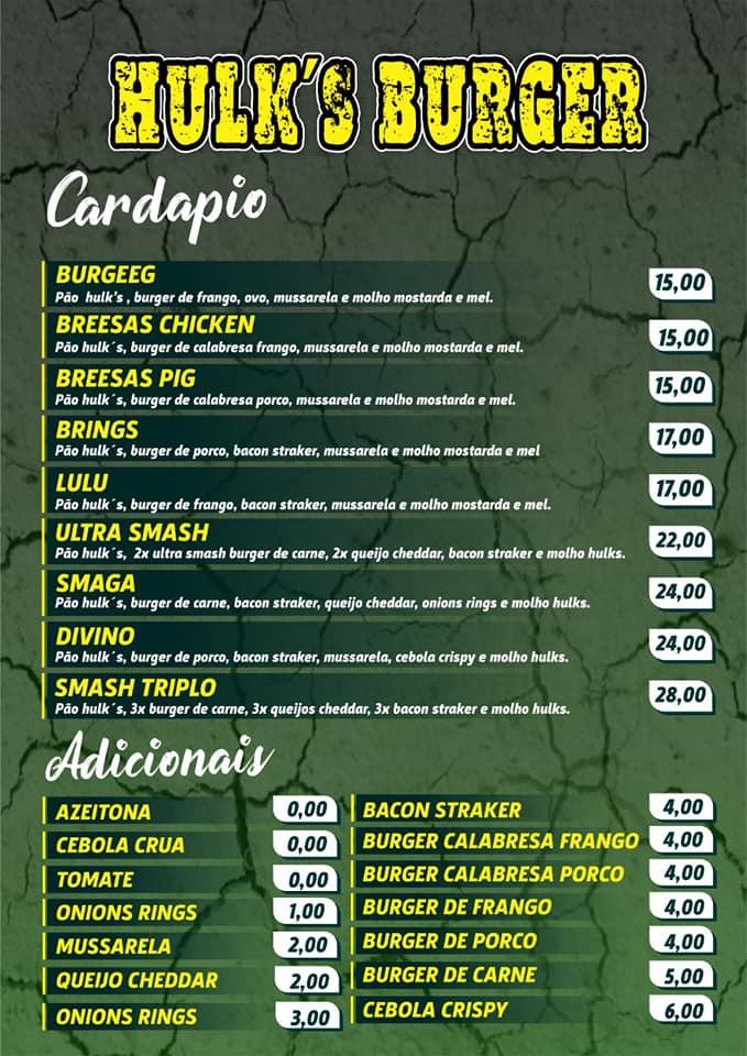 Menu at HULK'S BURGER restaurant, Guanambi
