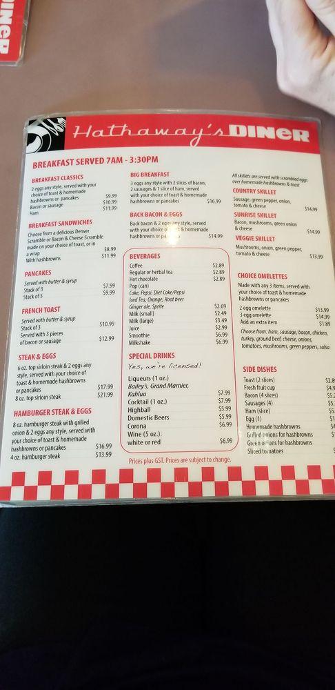 Menu at Hathaway's Diner cafe, Edmonton