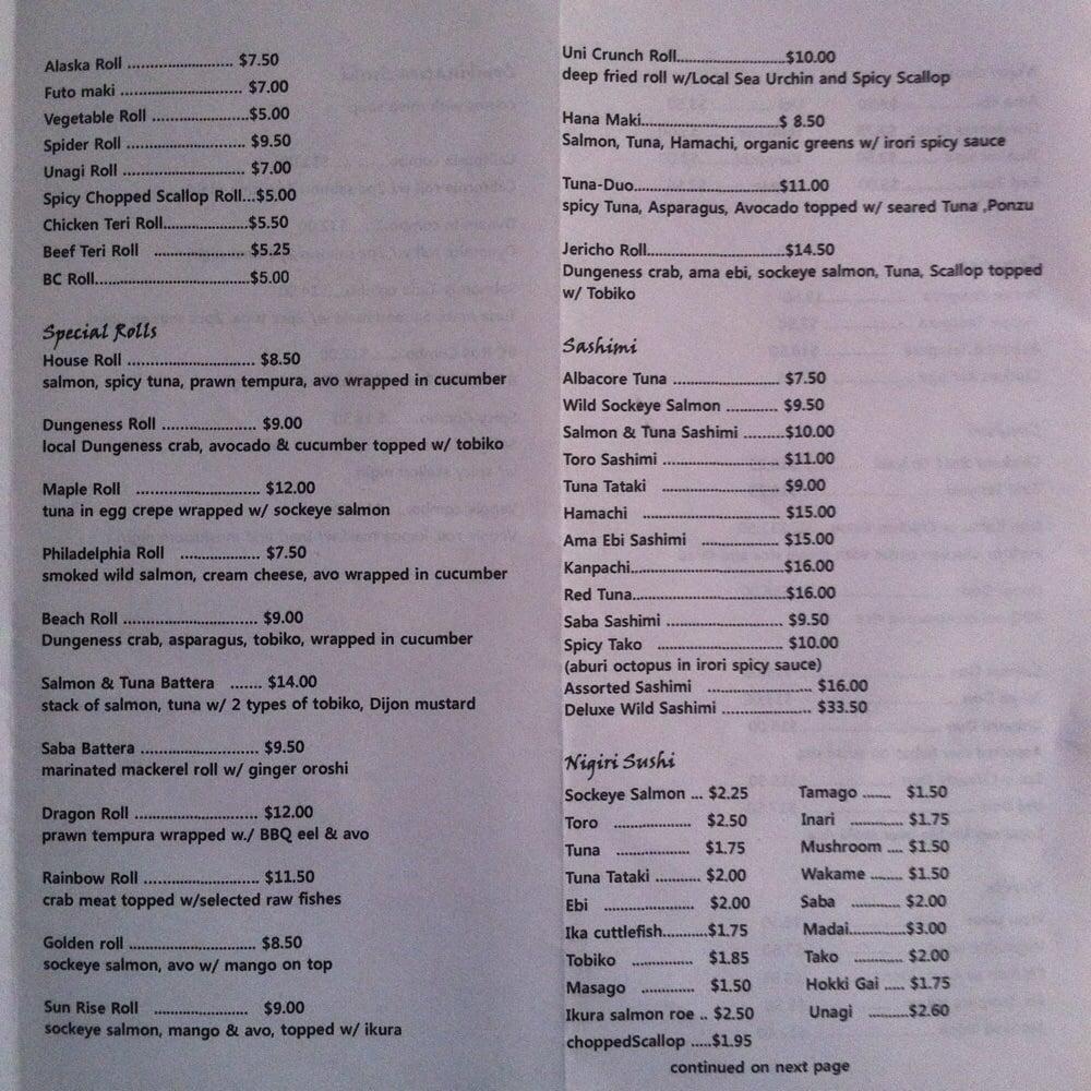 Menu at Irori Sushi restaurant, Vancouver