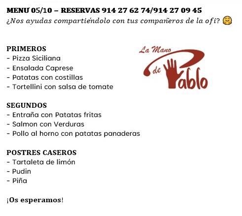 Carta de parrilla La Mano de Pablo, Madrid, Calle Frómista