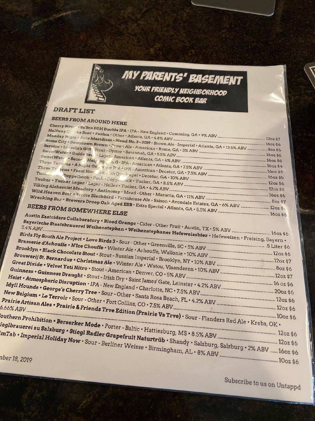 Menu at My Parents' Basement pub & bar, Avondale Estates