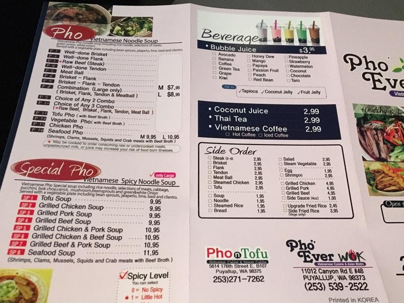 Menu at Pho Ever & Wok restaurant, Puyallup, Canyon Rd E Ste 47