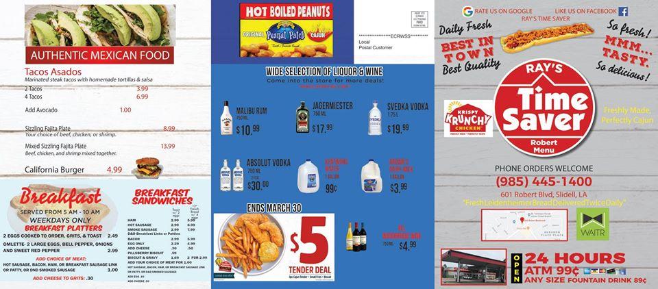 Menu at Ray's Time Saver restaurant, Slidell