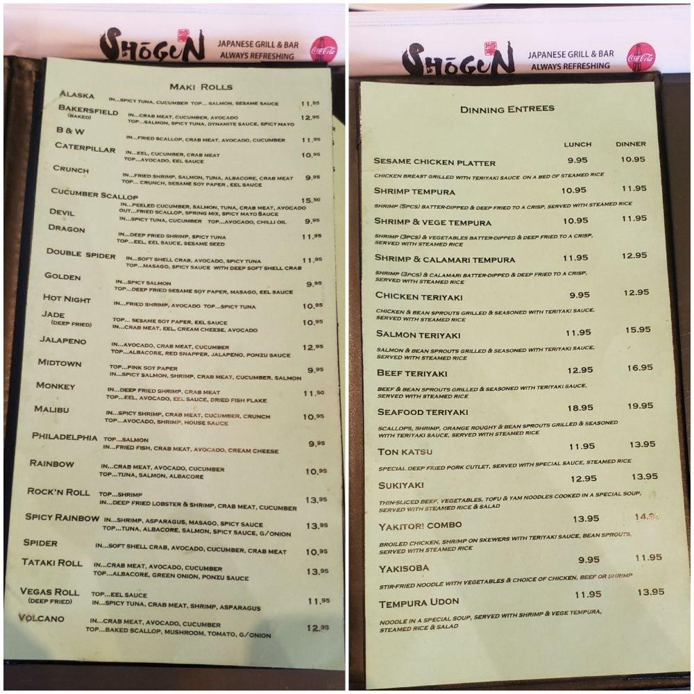 Menu at Shogun Palace restaurant, Bakersfield