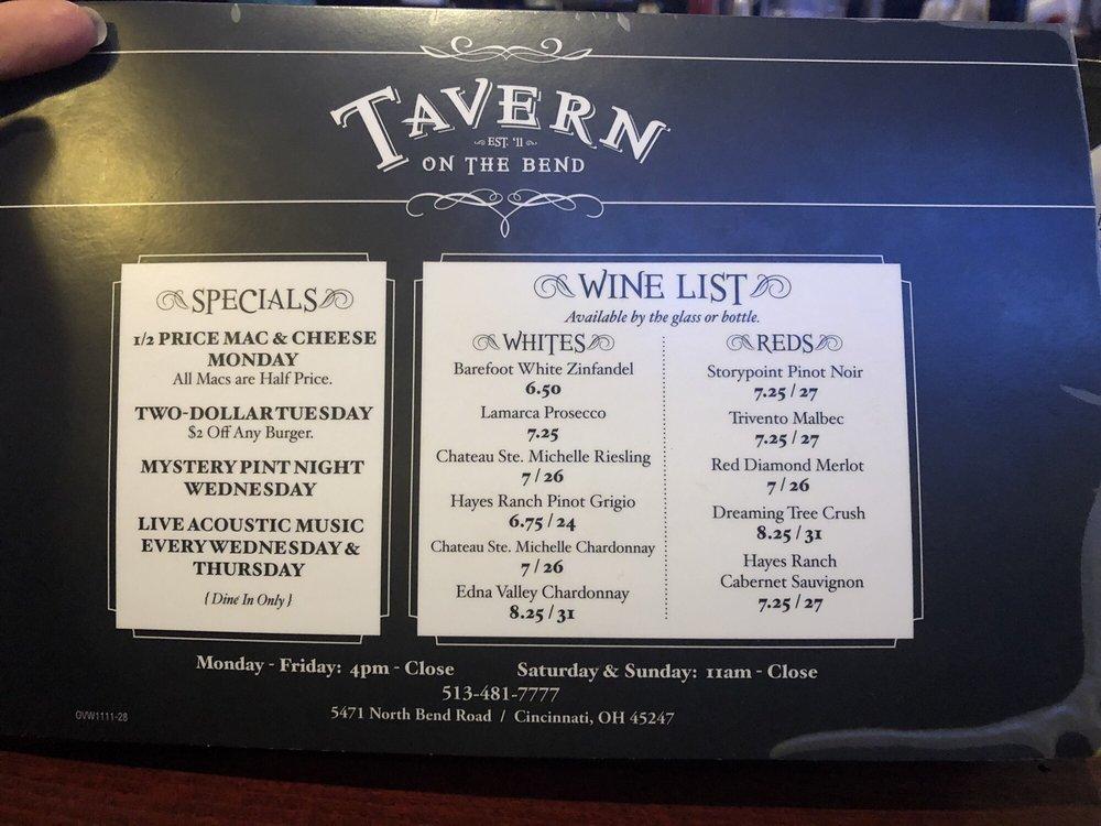 Menu at Tavern On the Bend pub & bar, Cincinnati