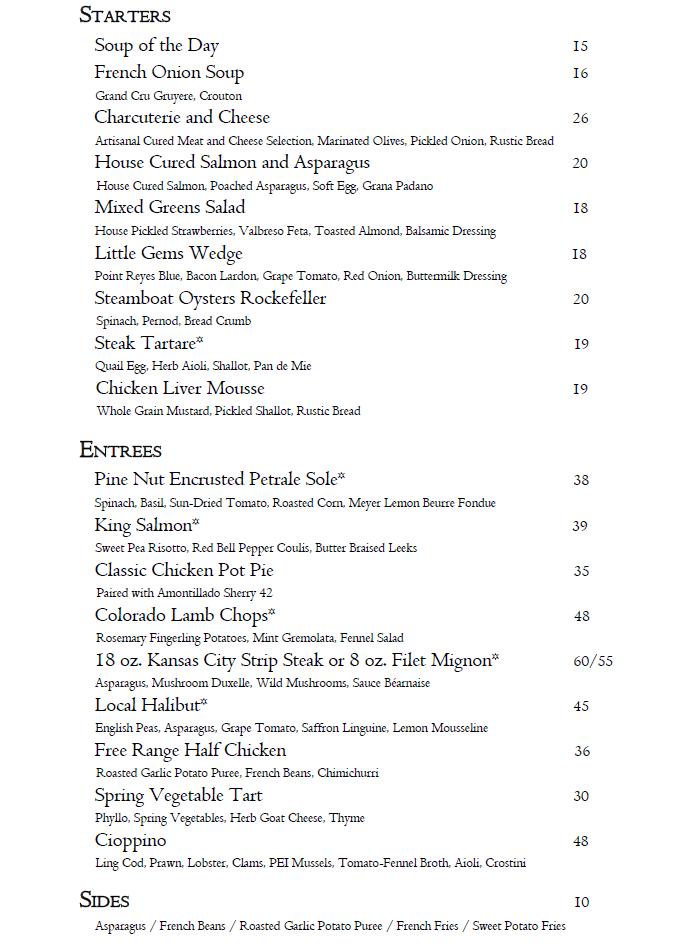 Menu at The Big 4 restaurant, San Francisco