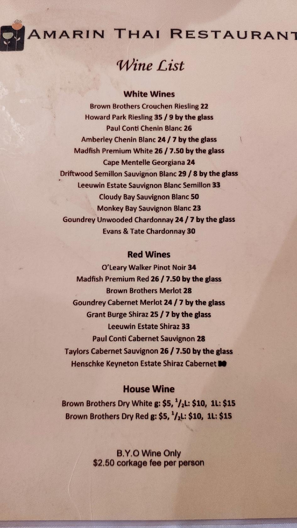 Menu at Amarin Thai Restaurant, Subiaco