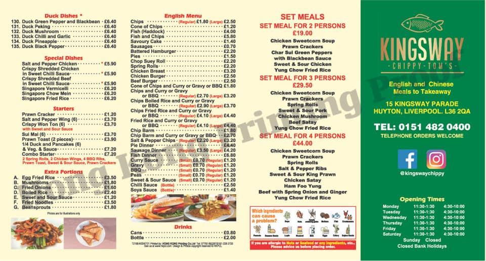 Menu at Kingsway Fish & Chips restaurant, Liverpool