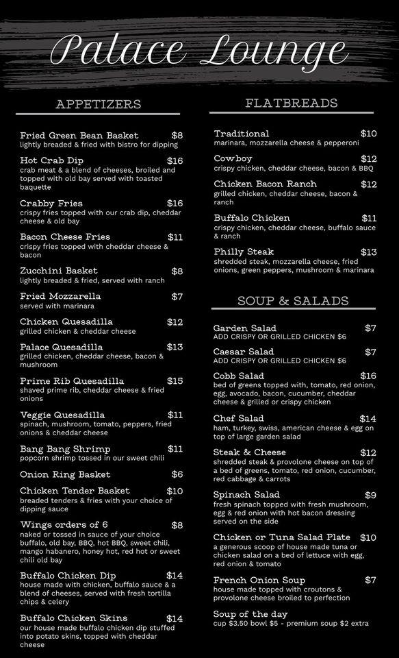Menu at Palace Lounge pub & bar, Martinsburg