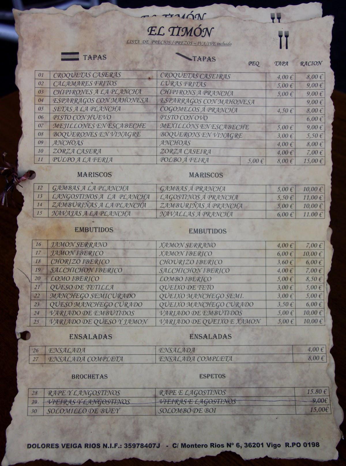 Carta de Restaurante El Timón, Vigo